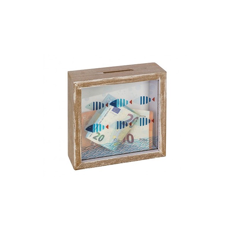 Tirelire en bois et verre faite à la main.