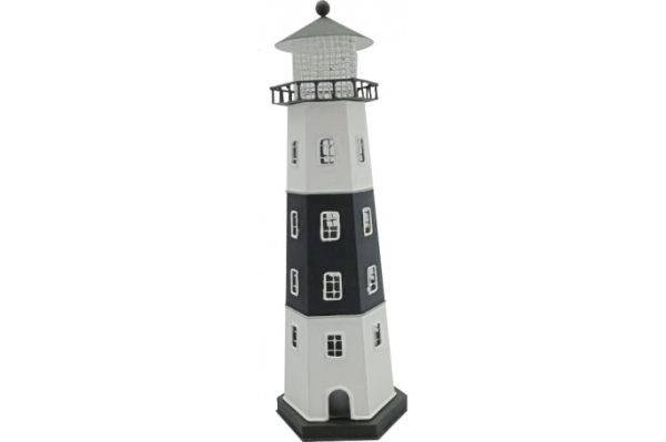 Miniature lighthouse replica, black and white.