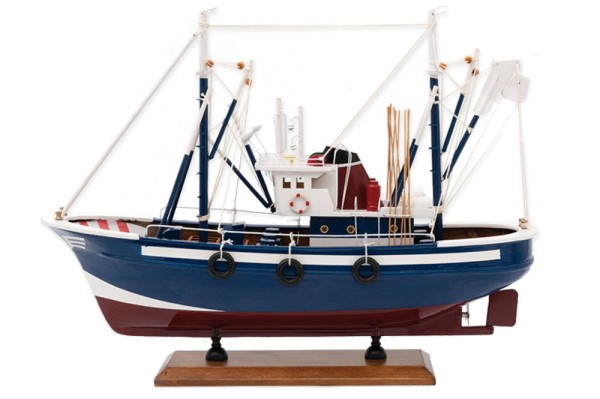 Fishing Tuna boat, decoration for seafood. Color Blue