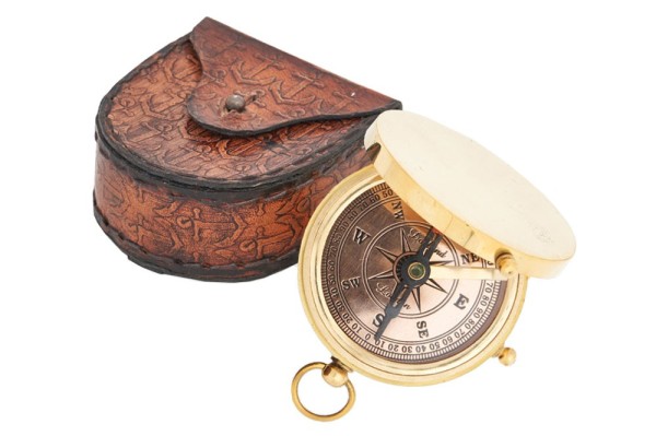 Decorative compass made of brass, with leather sheath, with an antique ...